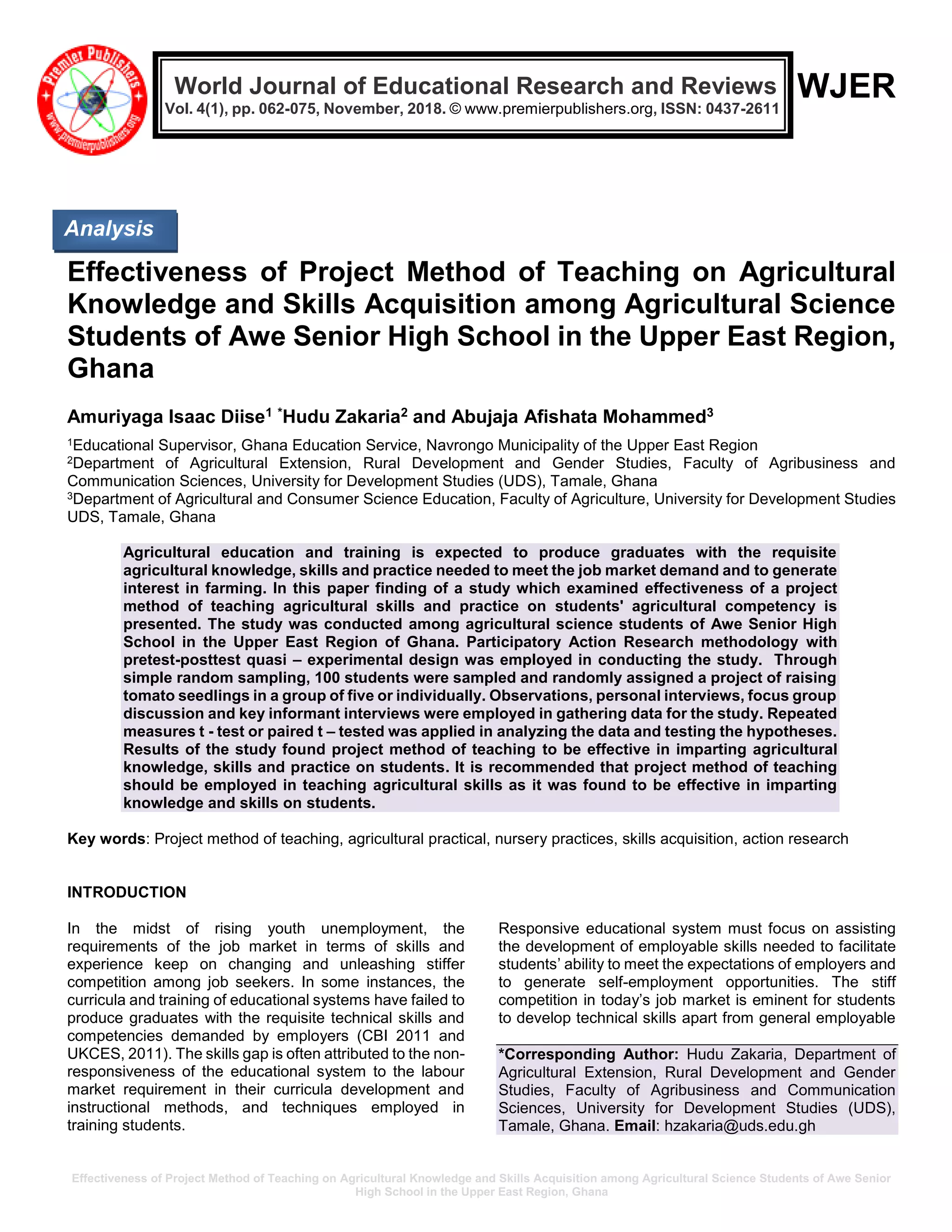 Effectiveness of Project Method of Teaching on Agricultural Knowledge ...