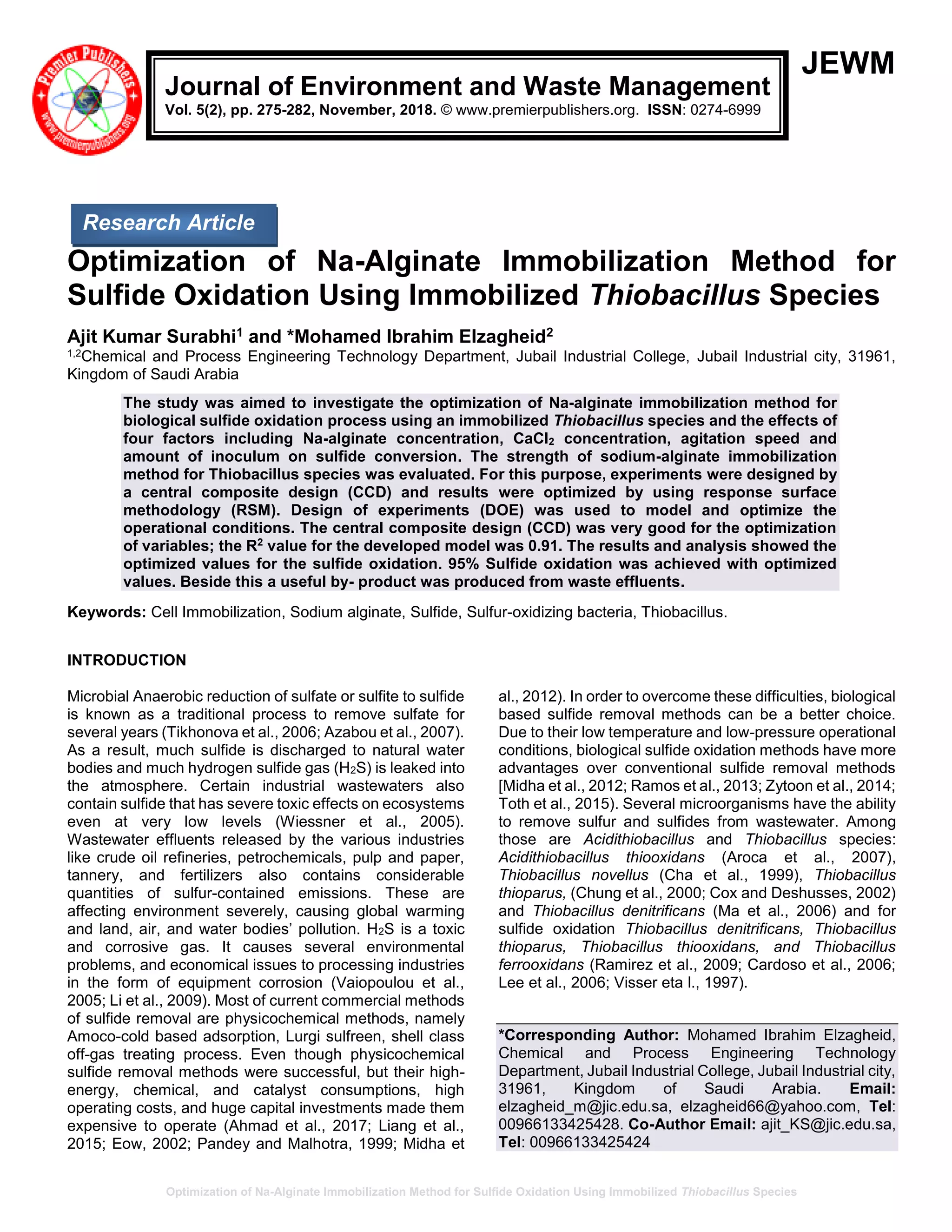 Optimization of Na-Alginate Immobilization Method for Sulfide Oxidation Using Immobilized ...
