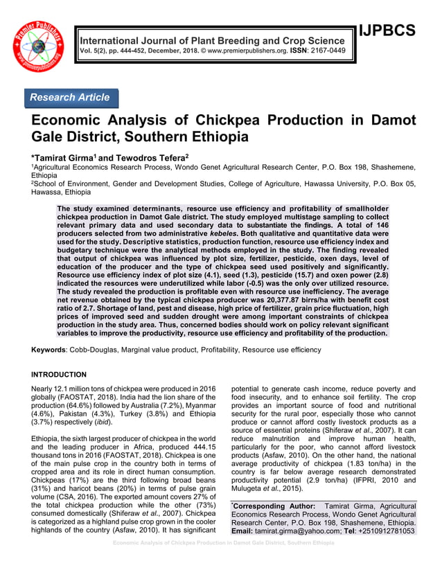Economic Analysis of Chickpea Production in Damot Gale District ...
