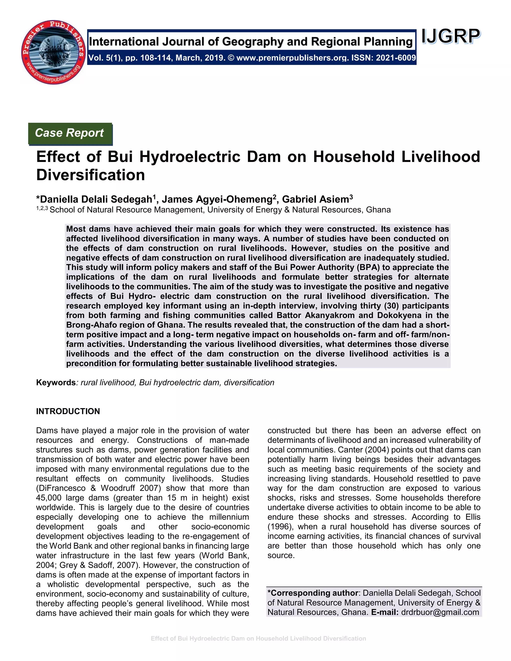 Effect of Bui Hydroelectric Dam on Household Livelihood Diversification | PDF