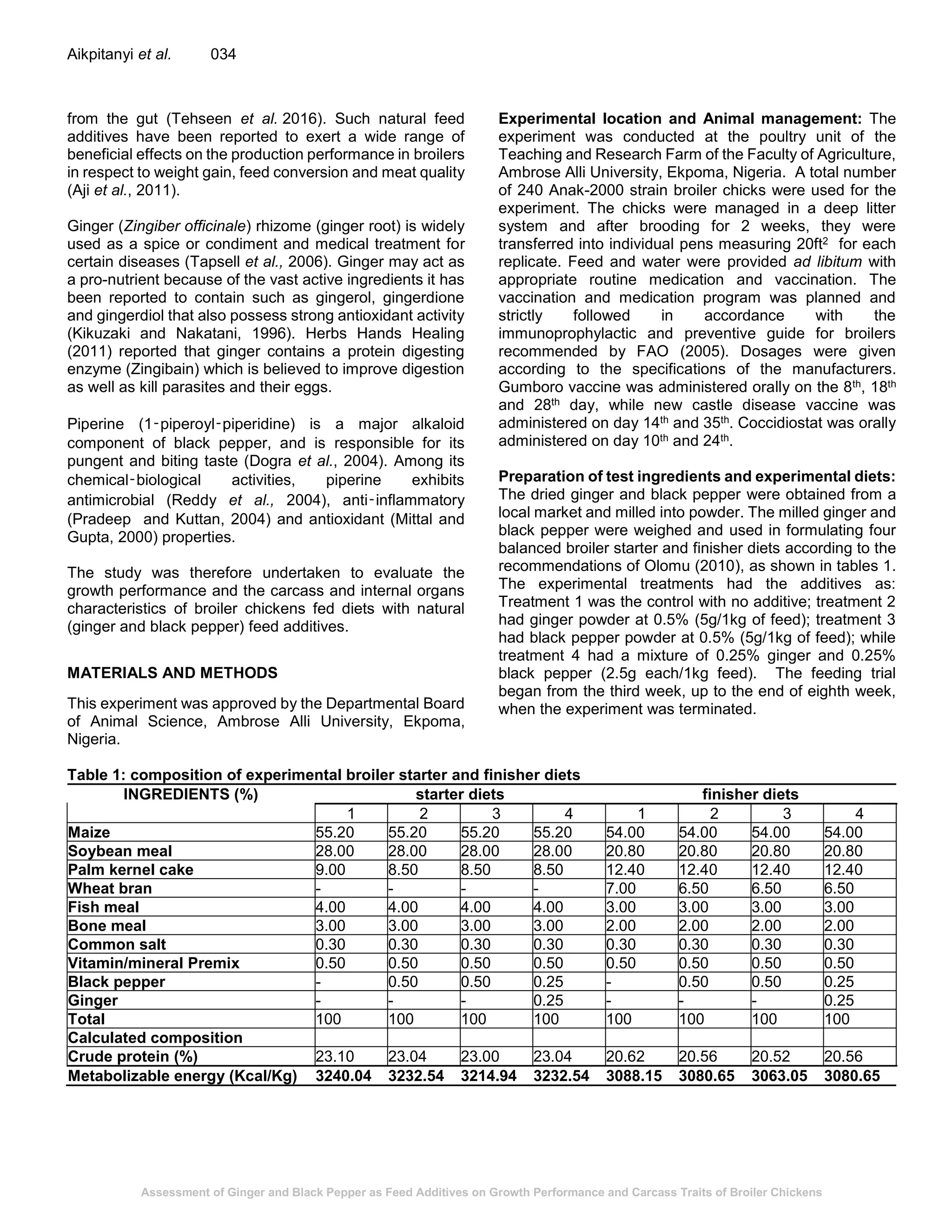 Assessment of Ginger and Black Pepper as Feed Additives on Growth Performance and Carcass Traits ...