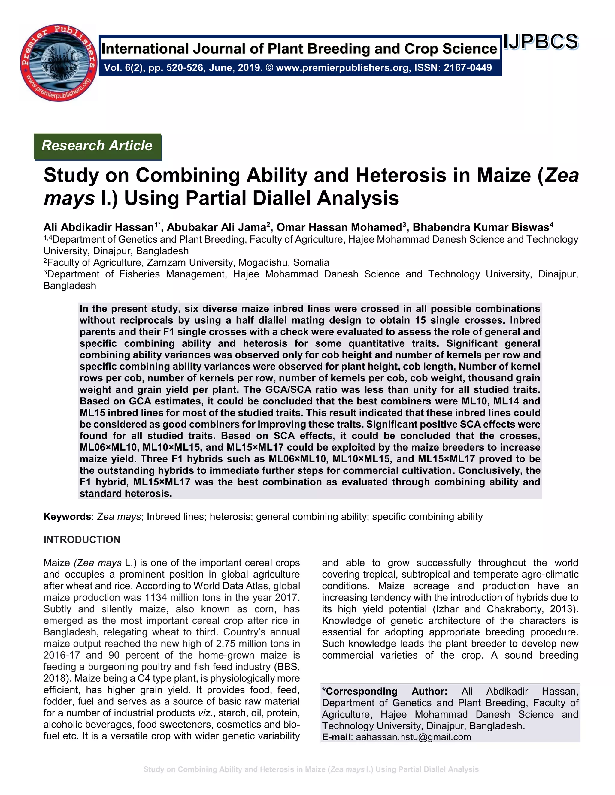 Study on Combining Ability and Heterosis in Maize (Zea mays l.) Using ...