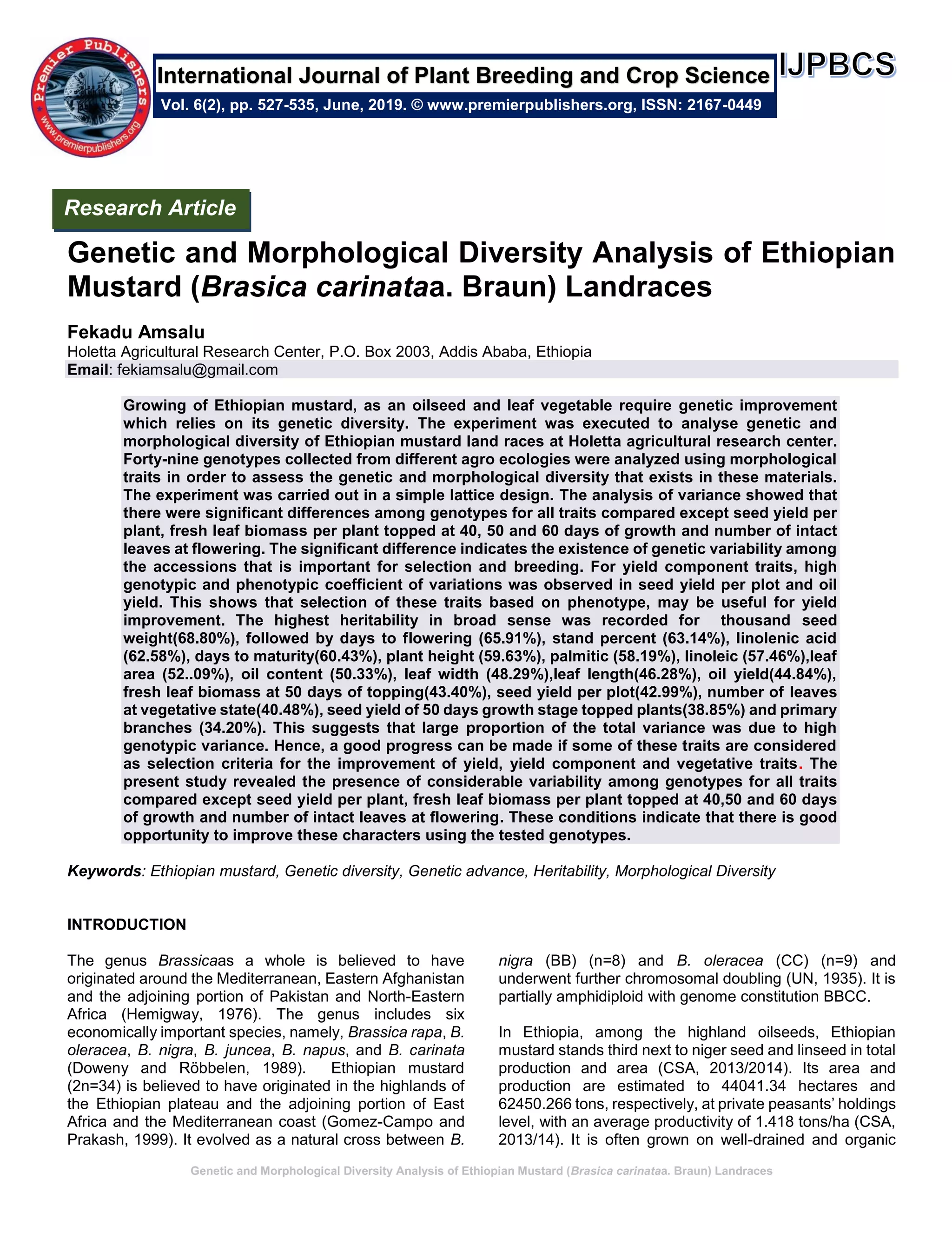 Genetic and Morphological Diversity Analysis of Ethiopian Mustard ...