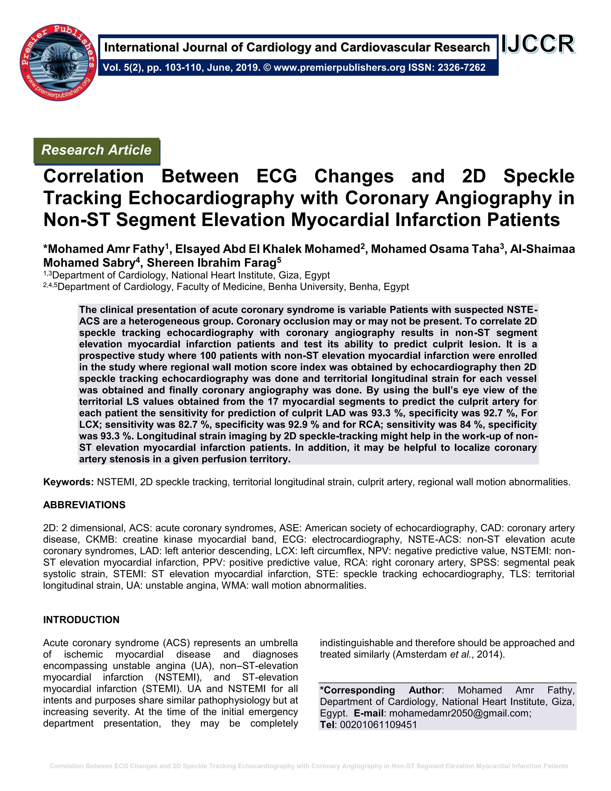Correlation Between ECG Changes and 2D Speckle Tracking Echocardiography with Coronary ...