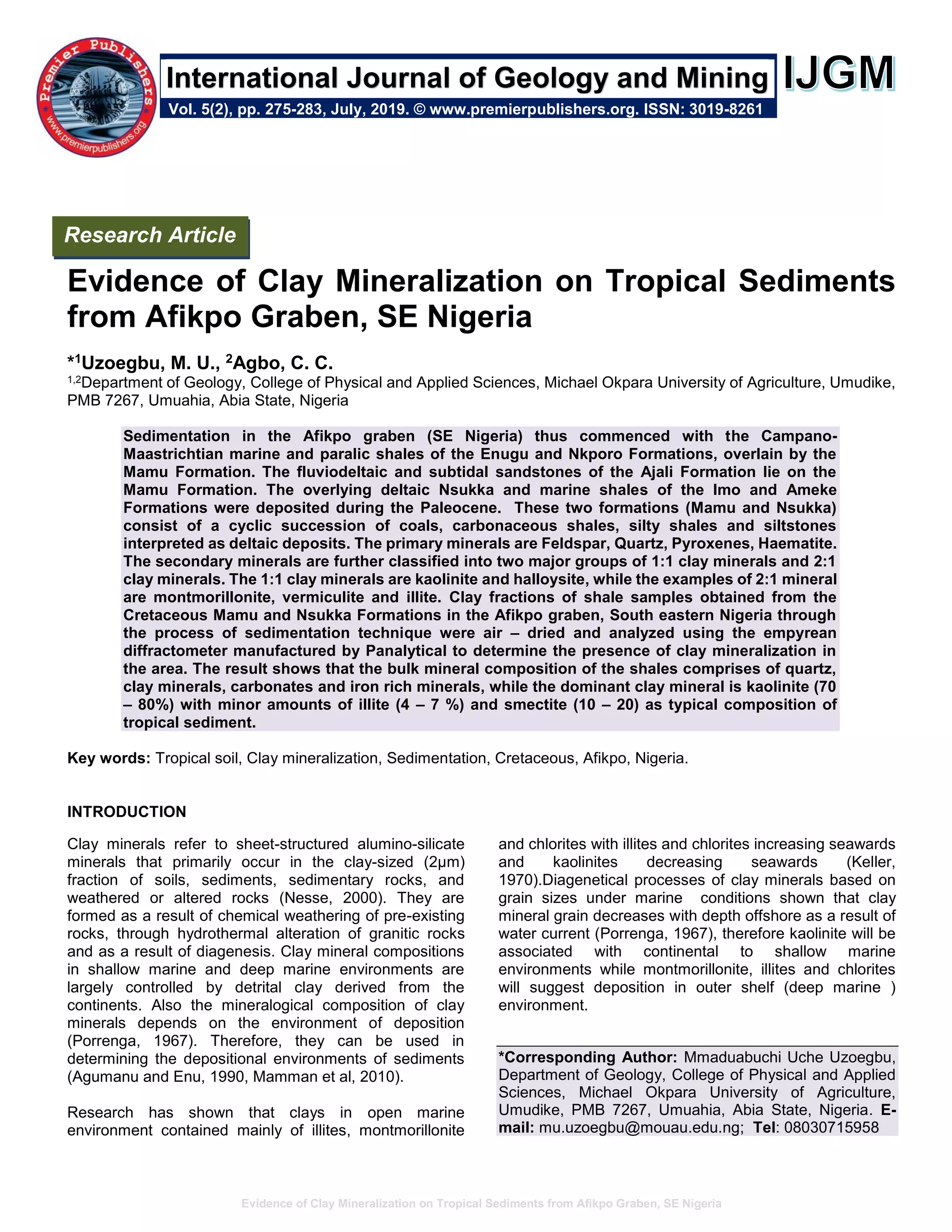 Evidence of Clay Mineralization on Tropical Sediments from Afikpo ...
