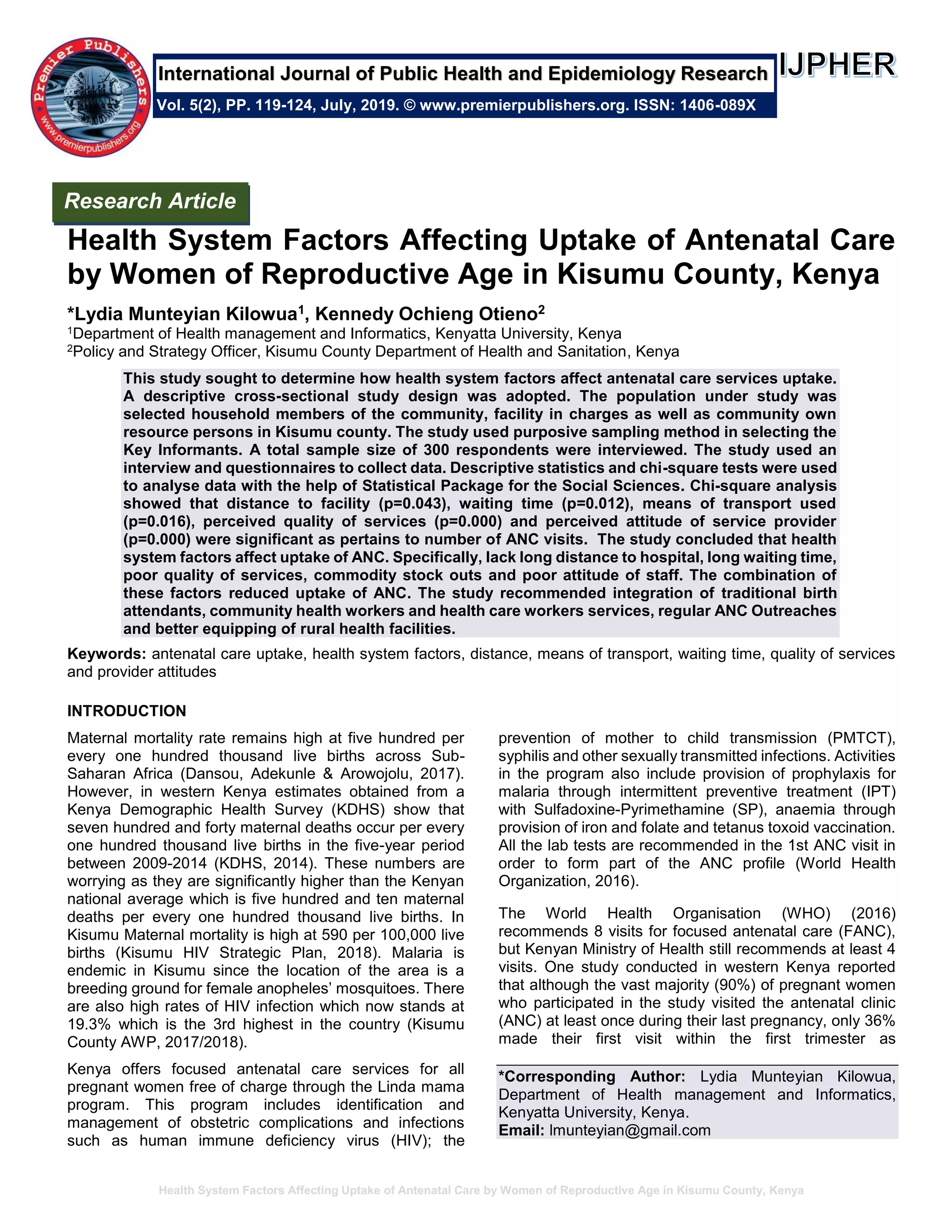 Health System Factors Affecting Uptake of Antenatal Care by Women of ...