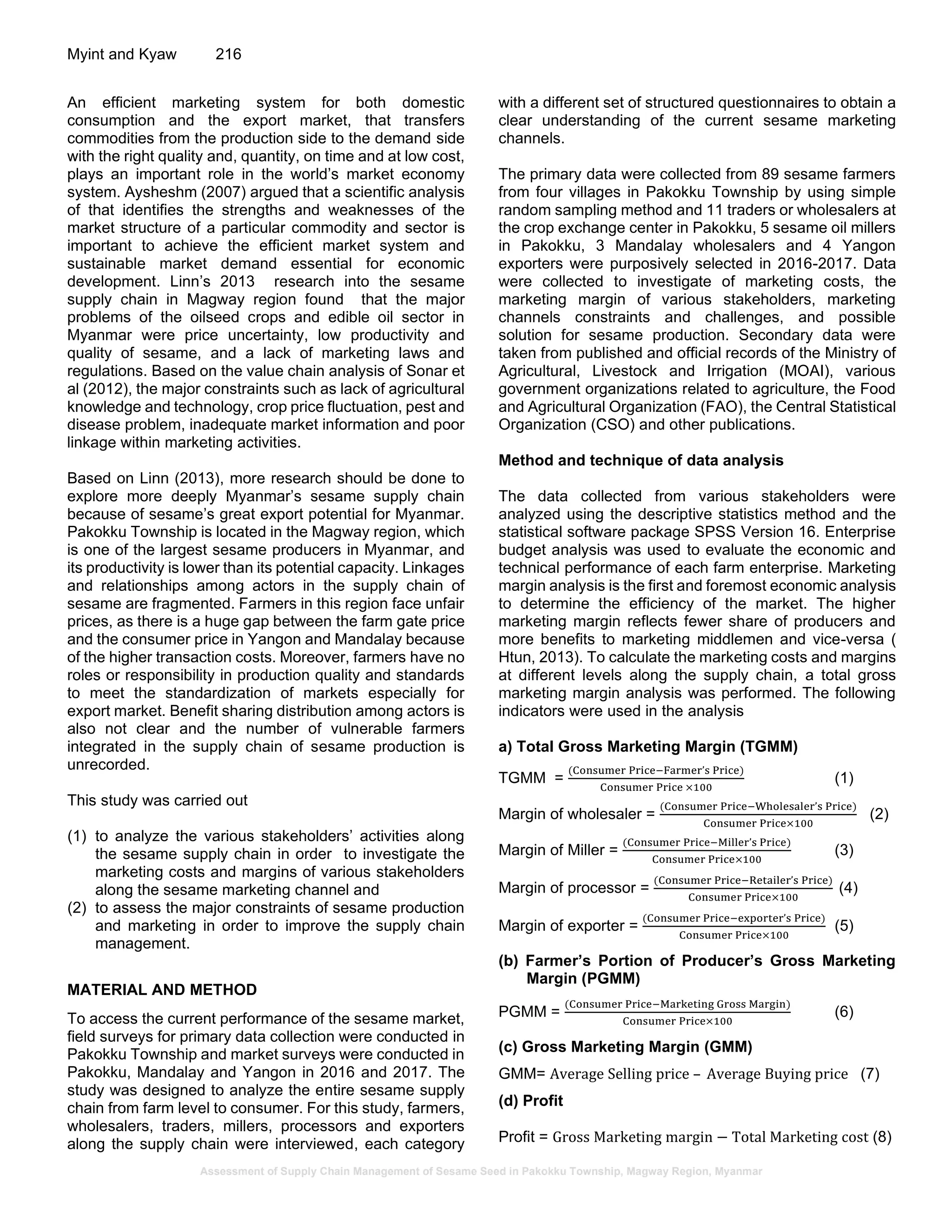 Assessment of Supply Chain Management of Sesame Seed in Pakokku ...