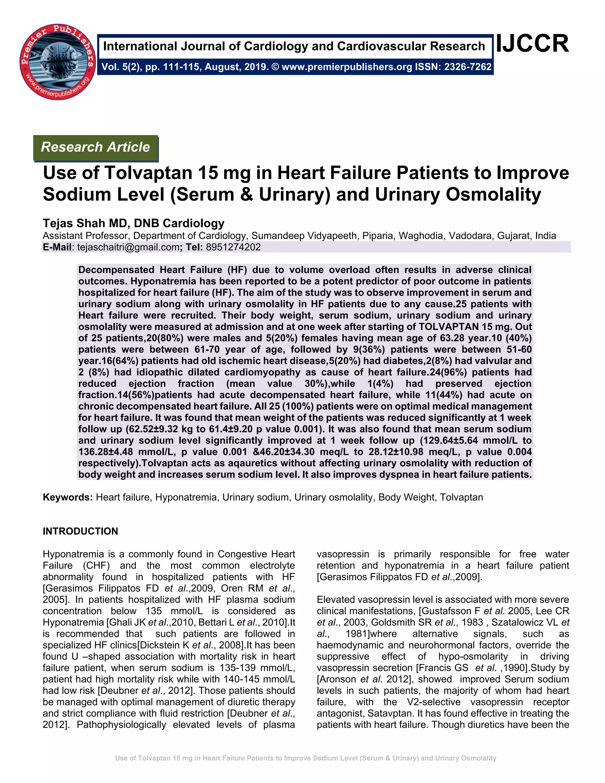 Use of Tolvaptan 15 mg in Heart Failure Patients to Improve Sodium ...