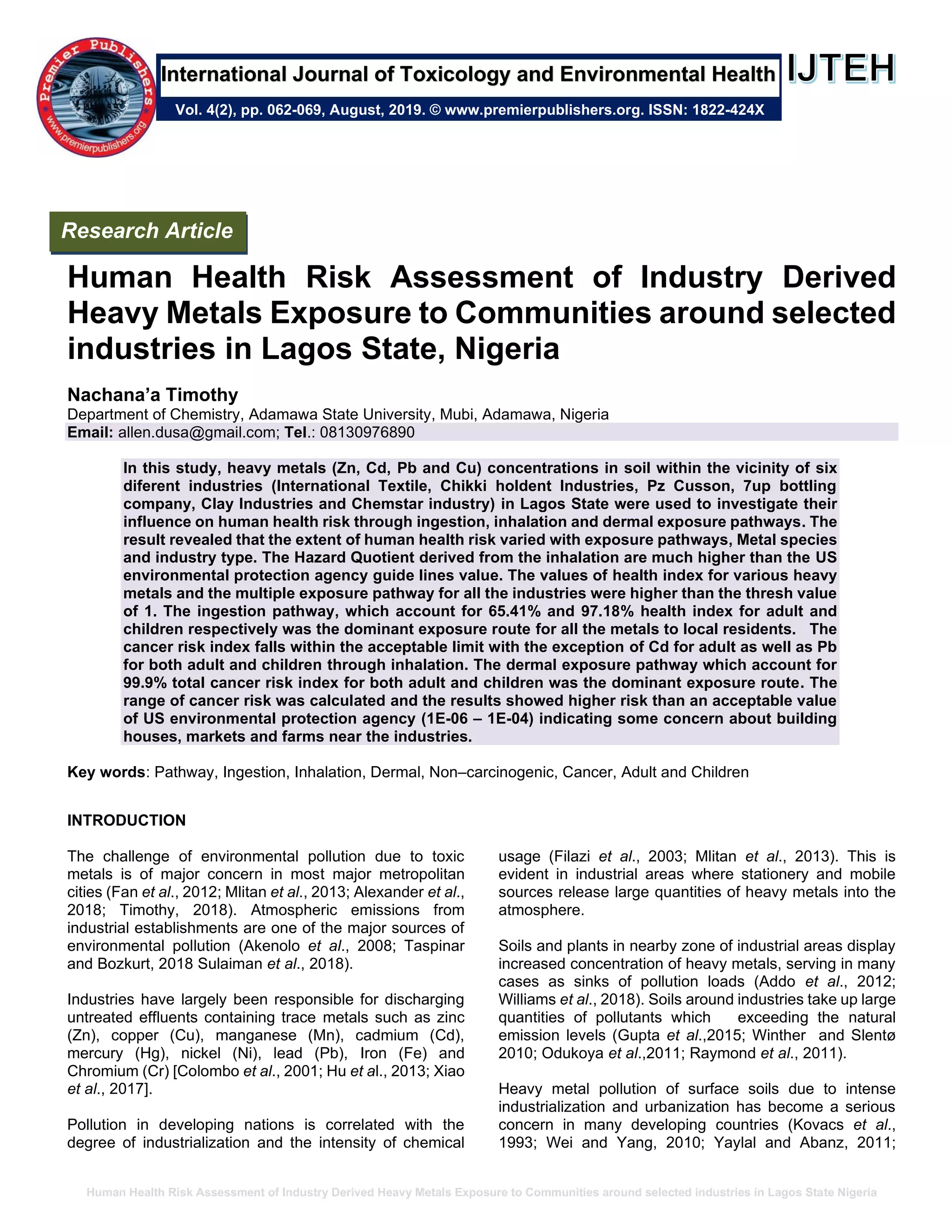 Human Health Risk Assessment of Industry Derived Heavy Metals Exposure ...