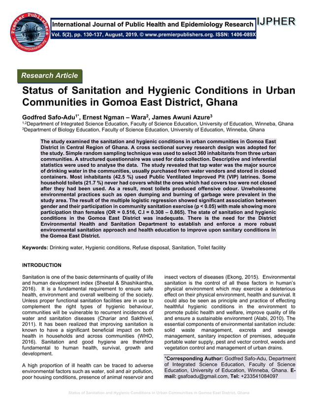 Status of Sanitation and Hygienic Conditions in Urban Communities in ...