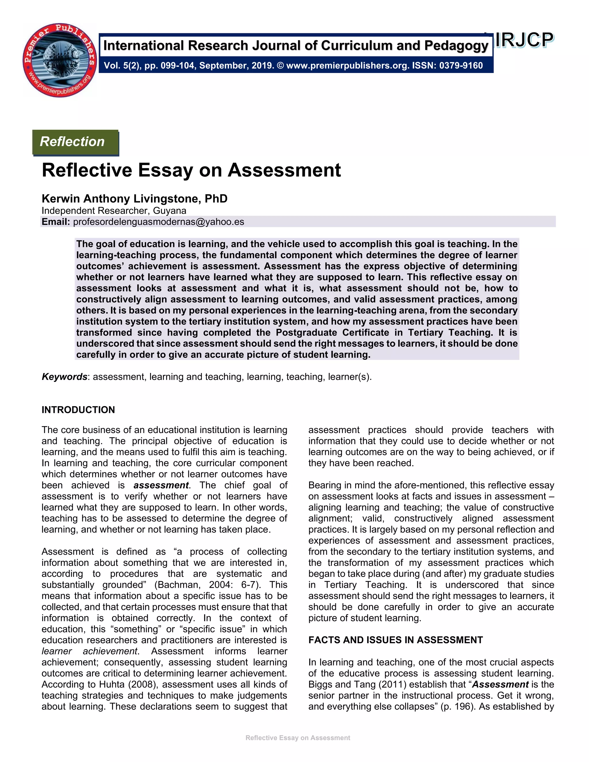 Reflective Essay on Assessment | PDF