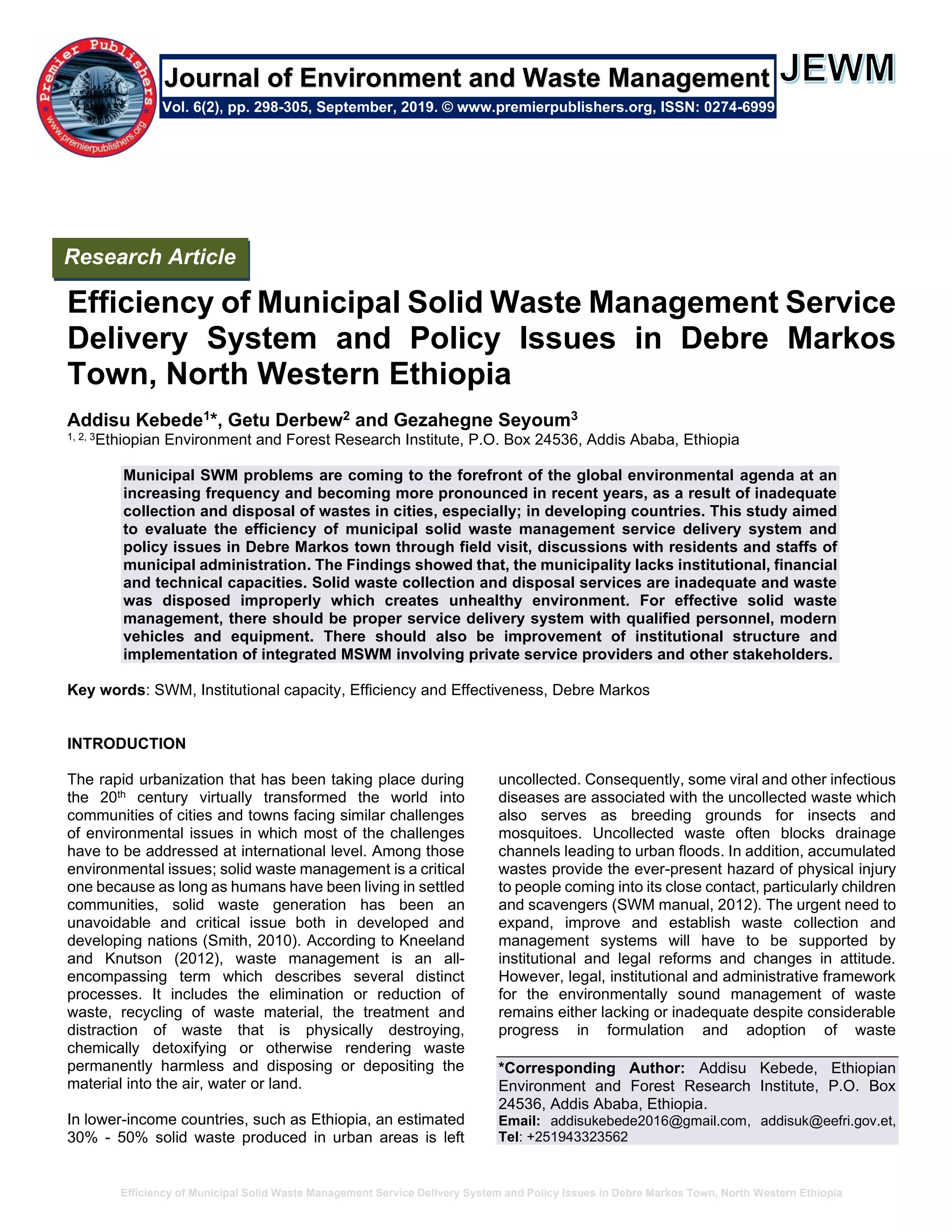 Efficiency of Municipal Solid Waste Management Service Delivery System ...