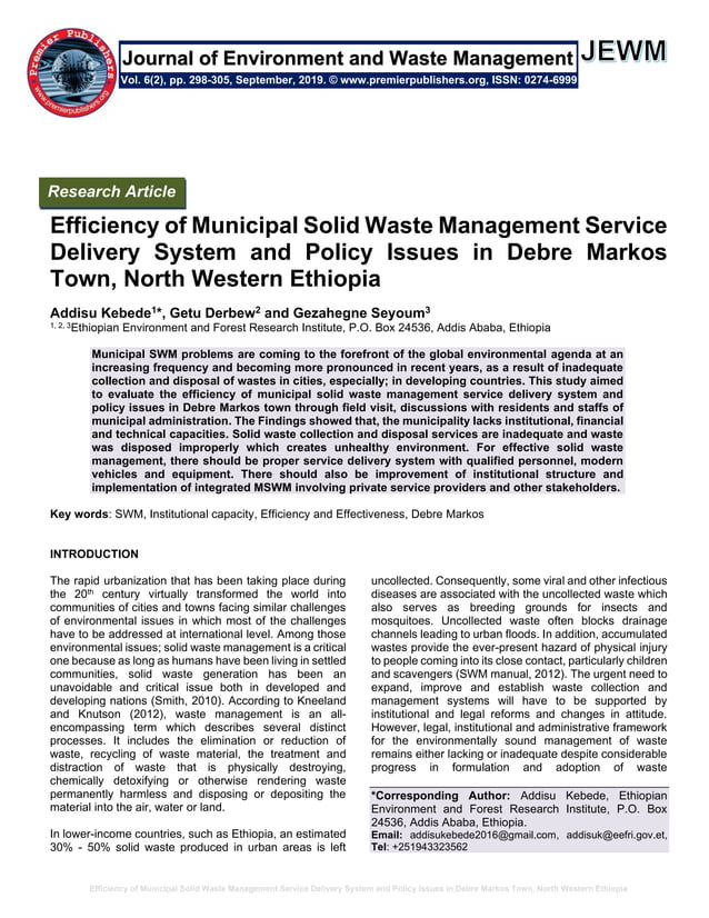 Efficiency of Municipal Solid Waste Management Service Delivery System ...