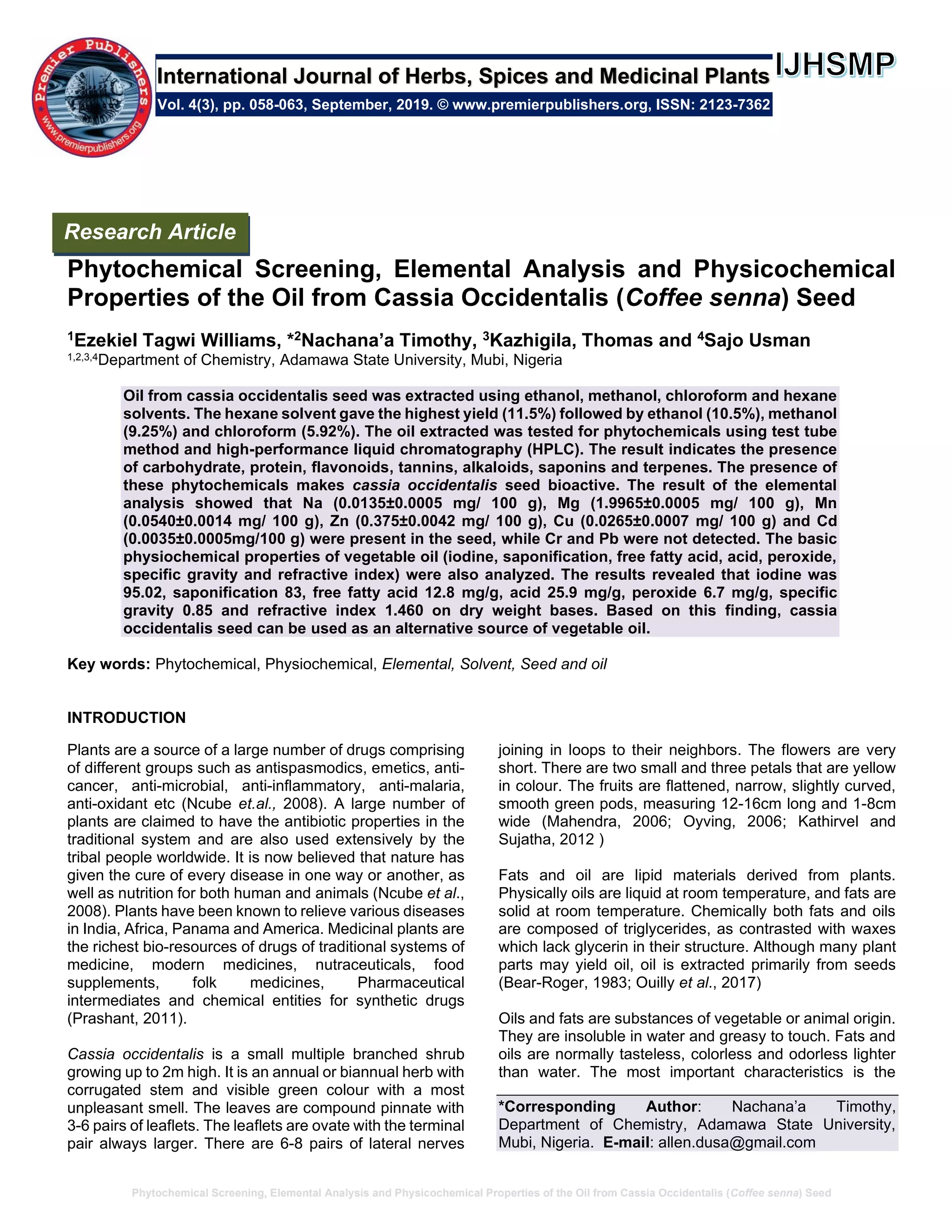 Phytochemical Screening, Elemental Analysis and Physicochemical Properties of the Oil from ...