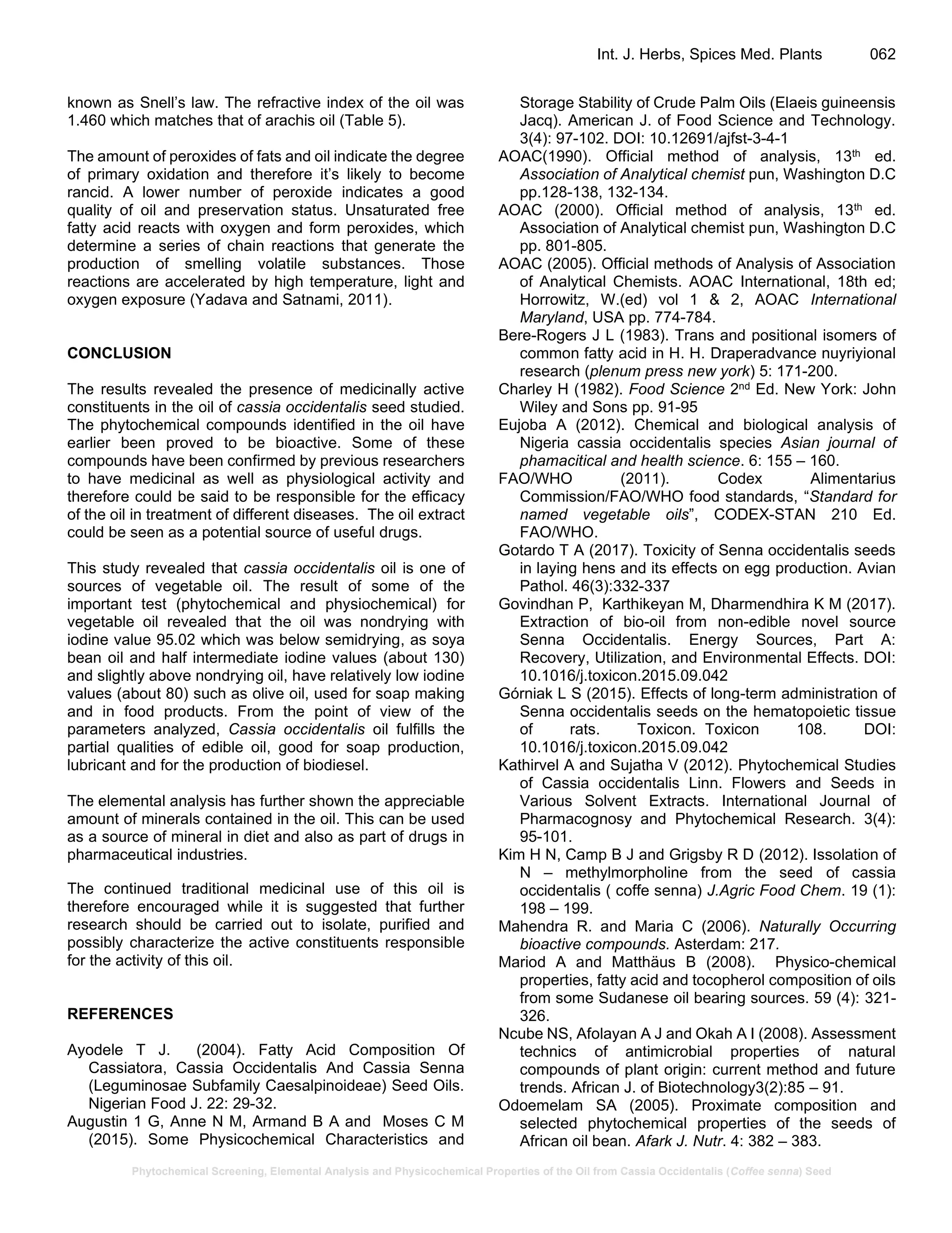 Phytochemical Screening, Elemental Analysis and Physicochemical Properties of the Oil from ...