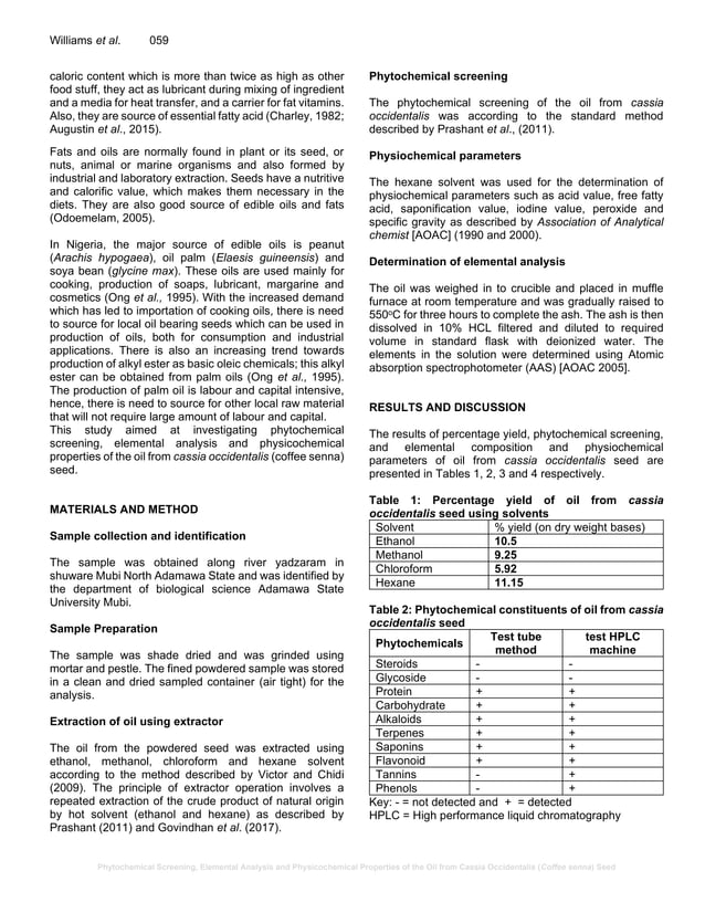 Phytochemical Screening, Elemental Analysis and Physicochemical Properties of the Oil from ...
