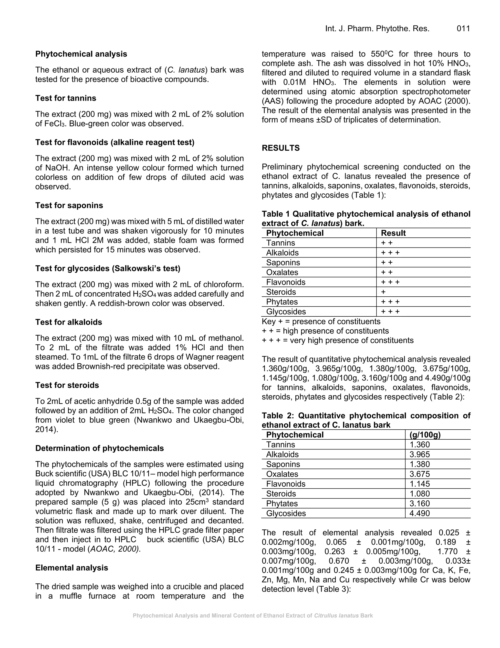Phytochemical Analysis and Mineral Content of Ethanol Extract of Citrullus lanatus Bark | PDF