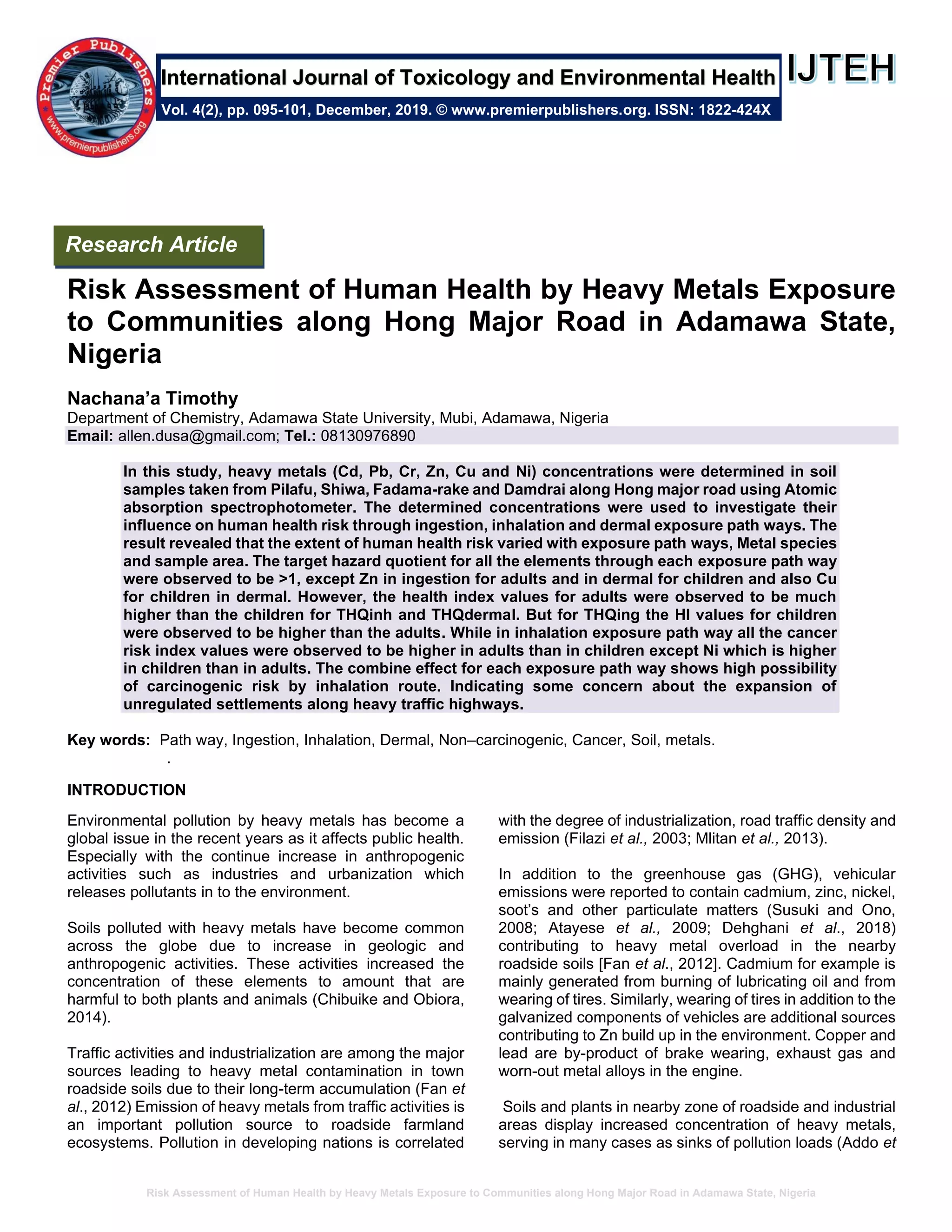 Risk Assessment of Human Health by Heavy Metals Exposure to Communities ...