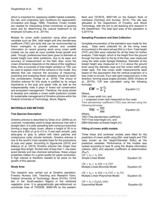 Crown Width Models for Gmelina arborea Roxb. Stands at Obanla, Federal ...