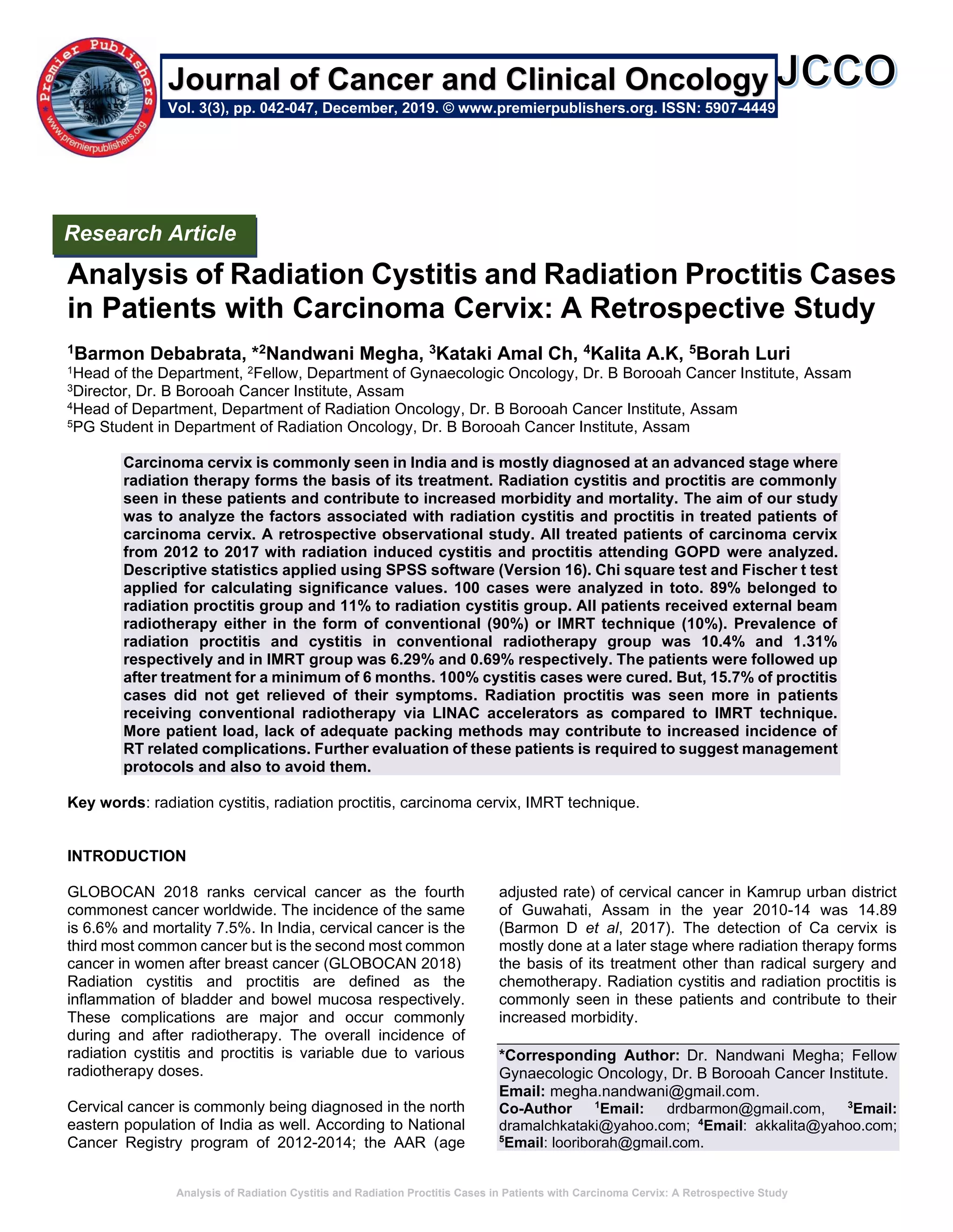 Analysis of Radiation Cystitis and Radiation Proctitis Cases in ...
