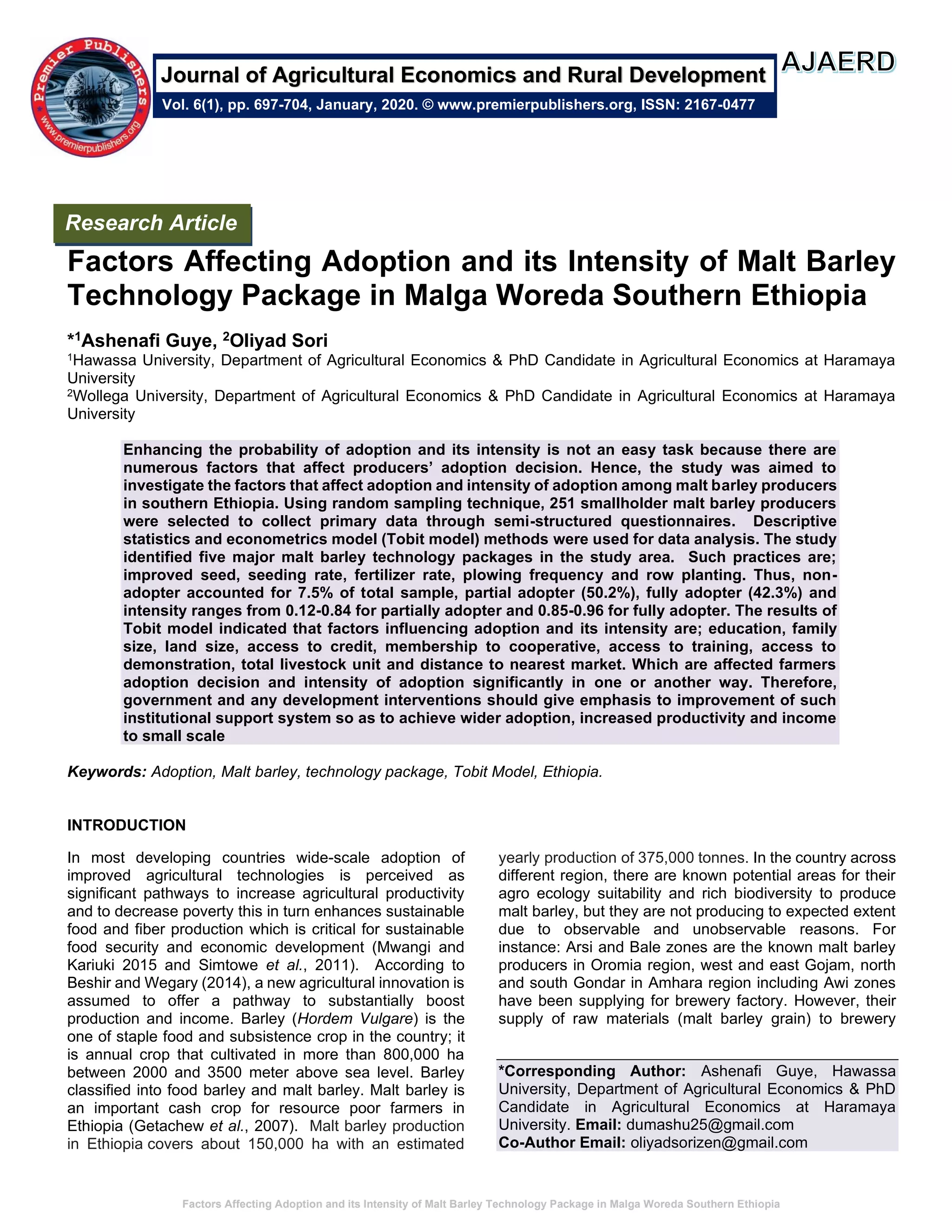 Factors Affecting Adoption and its Intensity of Malt Barley Technology ...