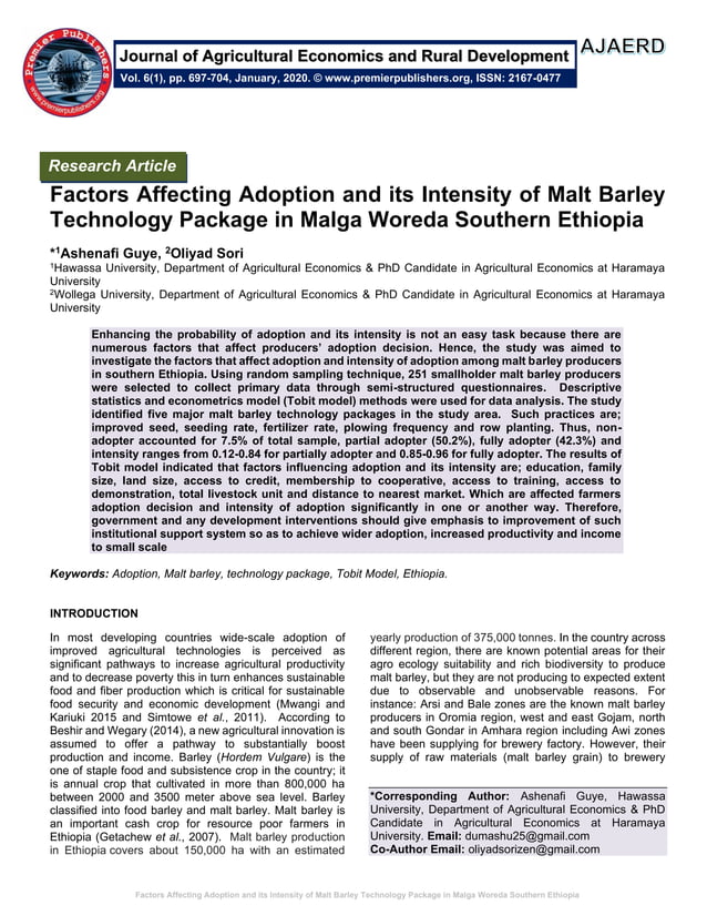 Factors Affecting Adoption and its Intensity of Malt Barley Technology Package in Malga Woreda ...