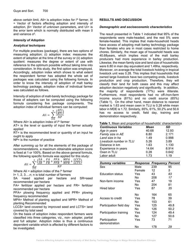 Factors Affecting Adoption and its Intensity of Malt Barley Technology Package in Malga Woreda ...