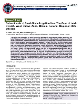 Determinants of Small-Scale Irrigation Use: The Case of Jeldu District ...