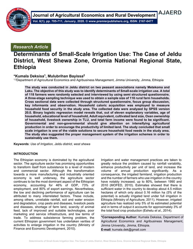 Determinants of Small-Scale Irrigation Use: The Case of Jeldu District ...