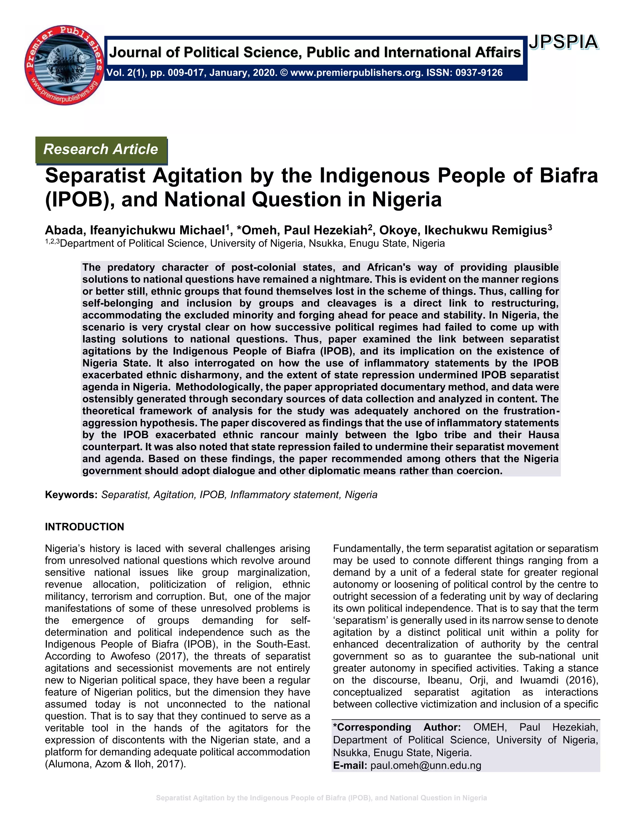 Separatist Agitation by the Indigenous People of Biafra (IPOB), and National Question in Nigeria ...