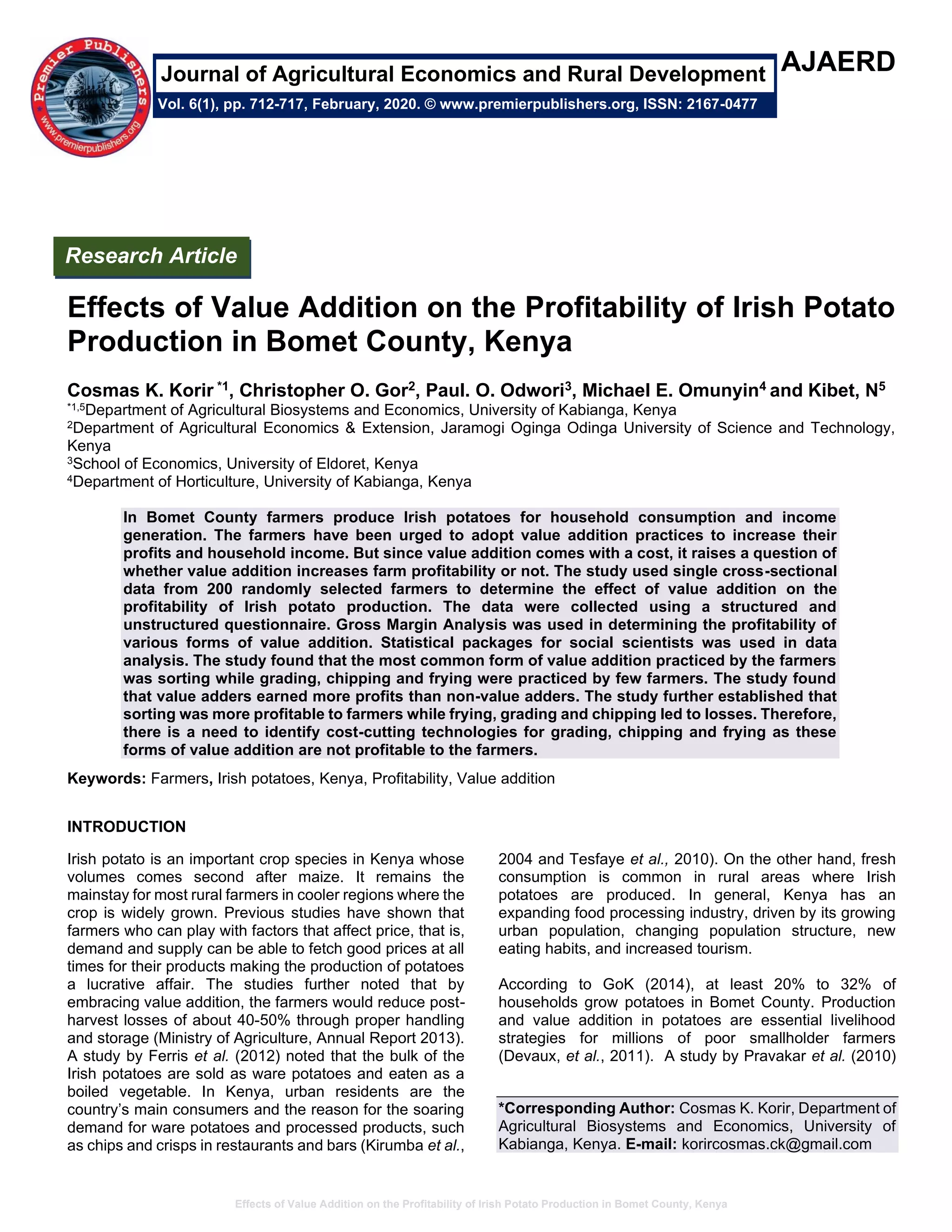 Effects of Value Addition on the Profitability of Irish Potato ...