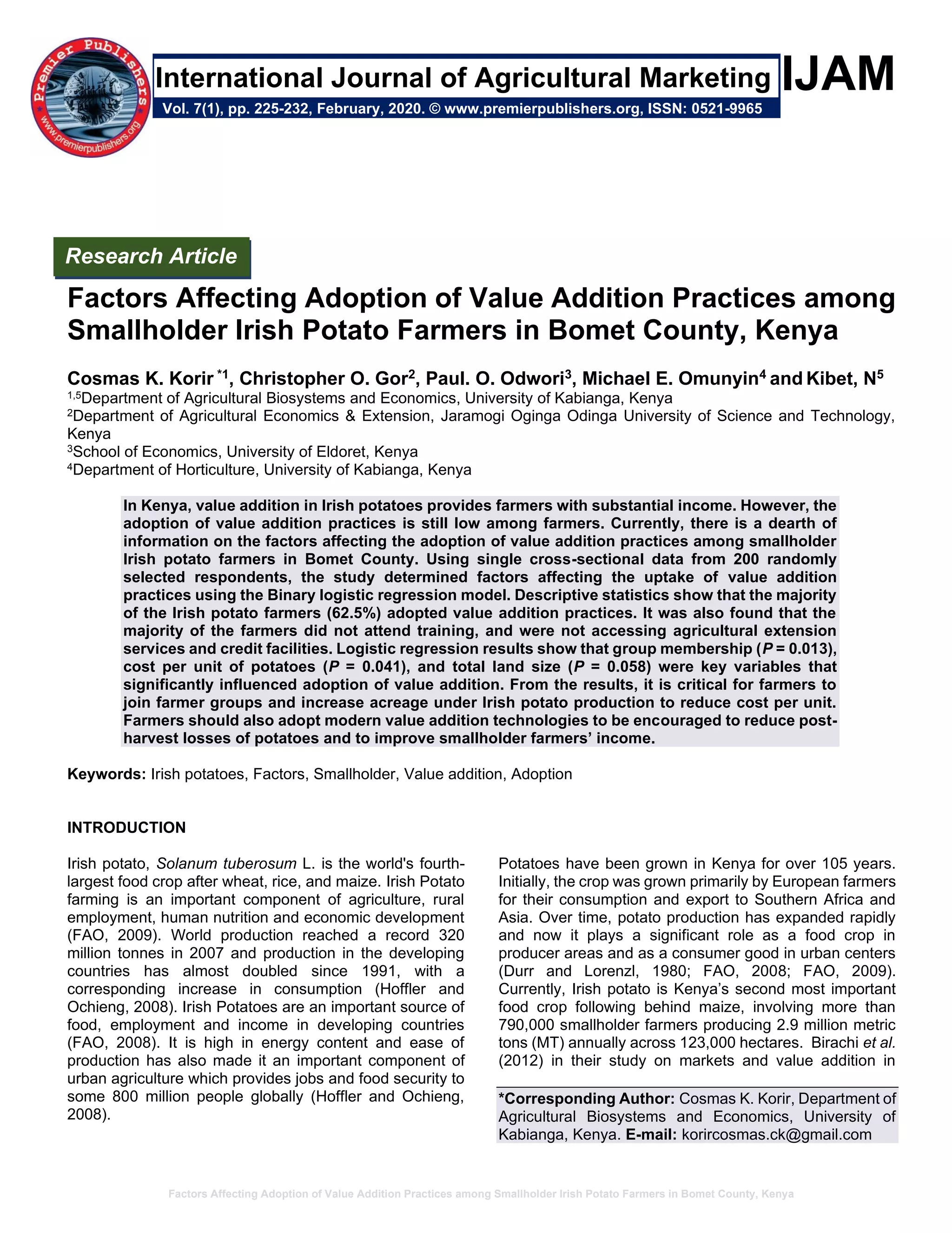 Factors Affecting Adoption of Value Addition Practices among ...