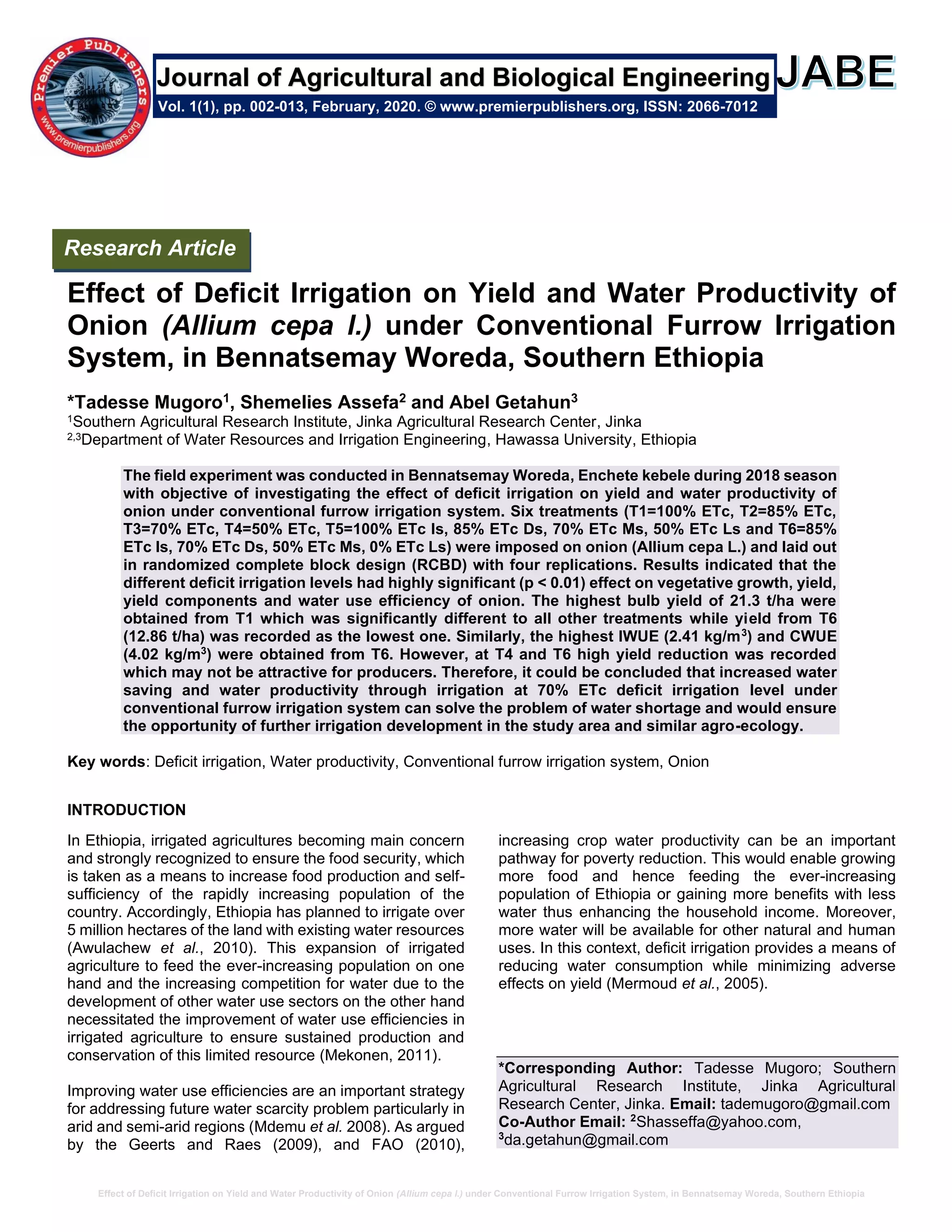 Effect of Deficit Irrigation on Yield and Water Productivity of Onion (Allium cepa l.) under ...