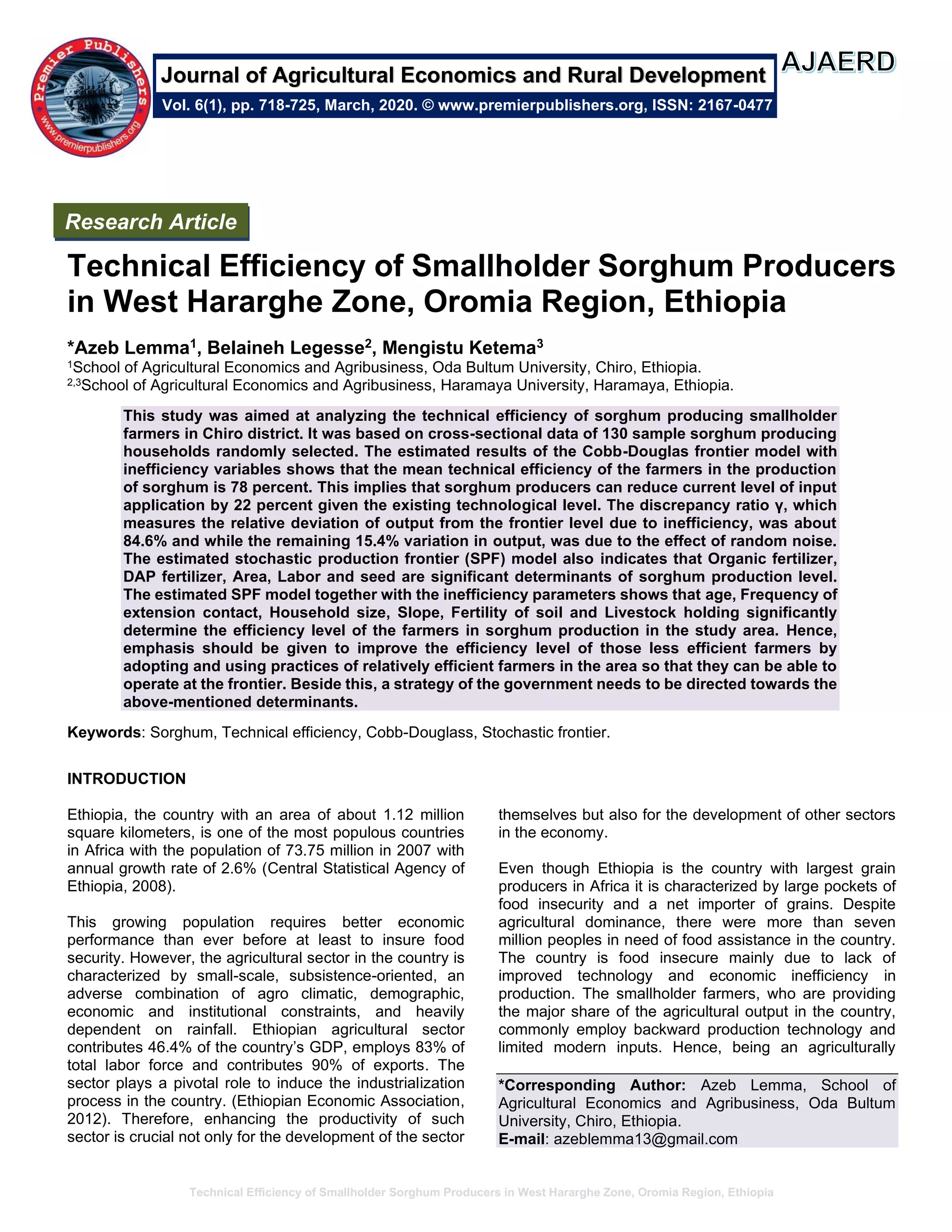 Technical Efficiency of Smallholder Sorghum Producers in West Hararghe ...