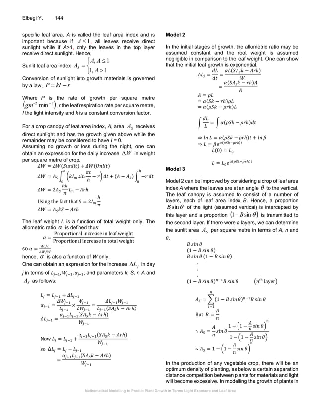 Mathematical Modelling To Predict Plant Growth In Terms Light Exposure