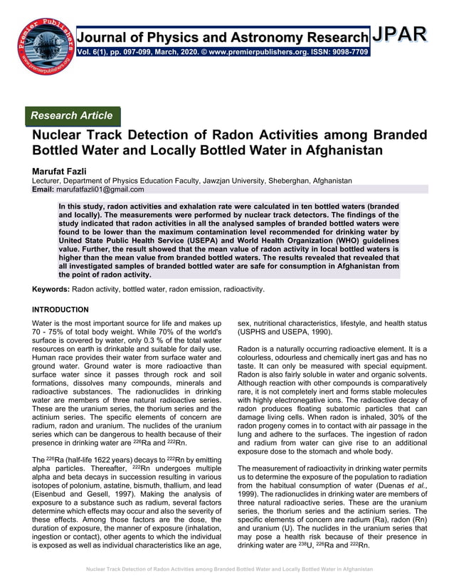 Nuclear Track Detection Of Radon Activities Among Branded Bottled Water And Locally Bottled