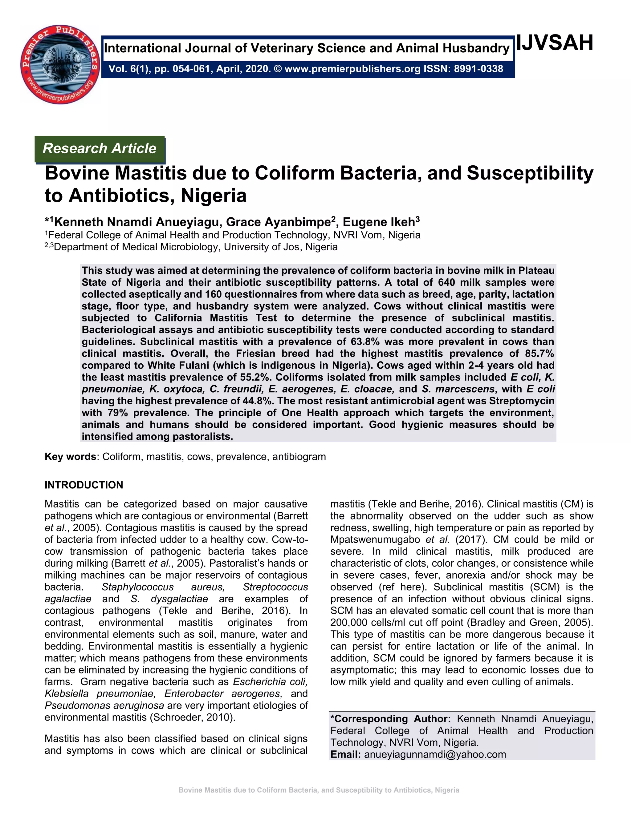 Bovine Mastitis due to Coliform Bacteria, and Susceptibility to ...