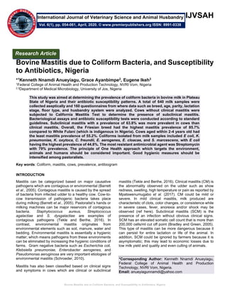 Bovine Mastitis due to Coliform Bacteria, and Susceptibility to ...