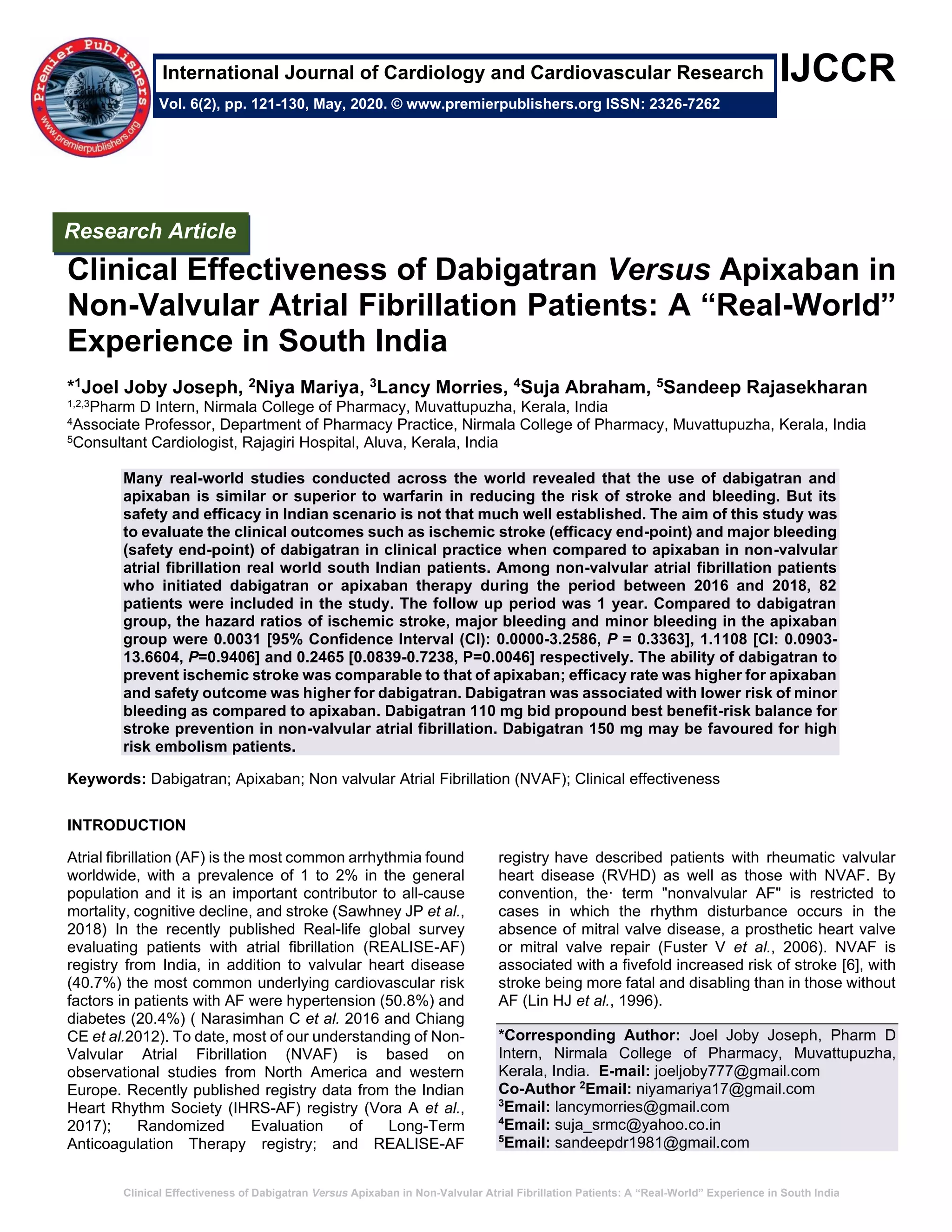 Clinical Effectiveness of Dabigatran Versus Apixaban in Non-Valvular Atrial Fibrillation ...