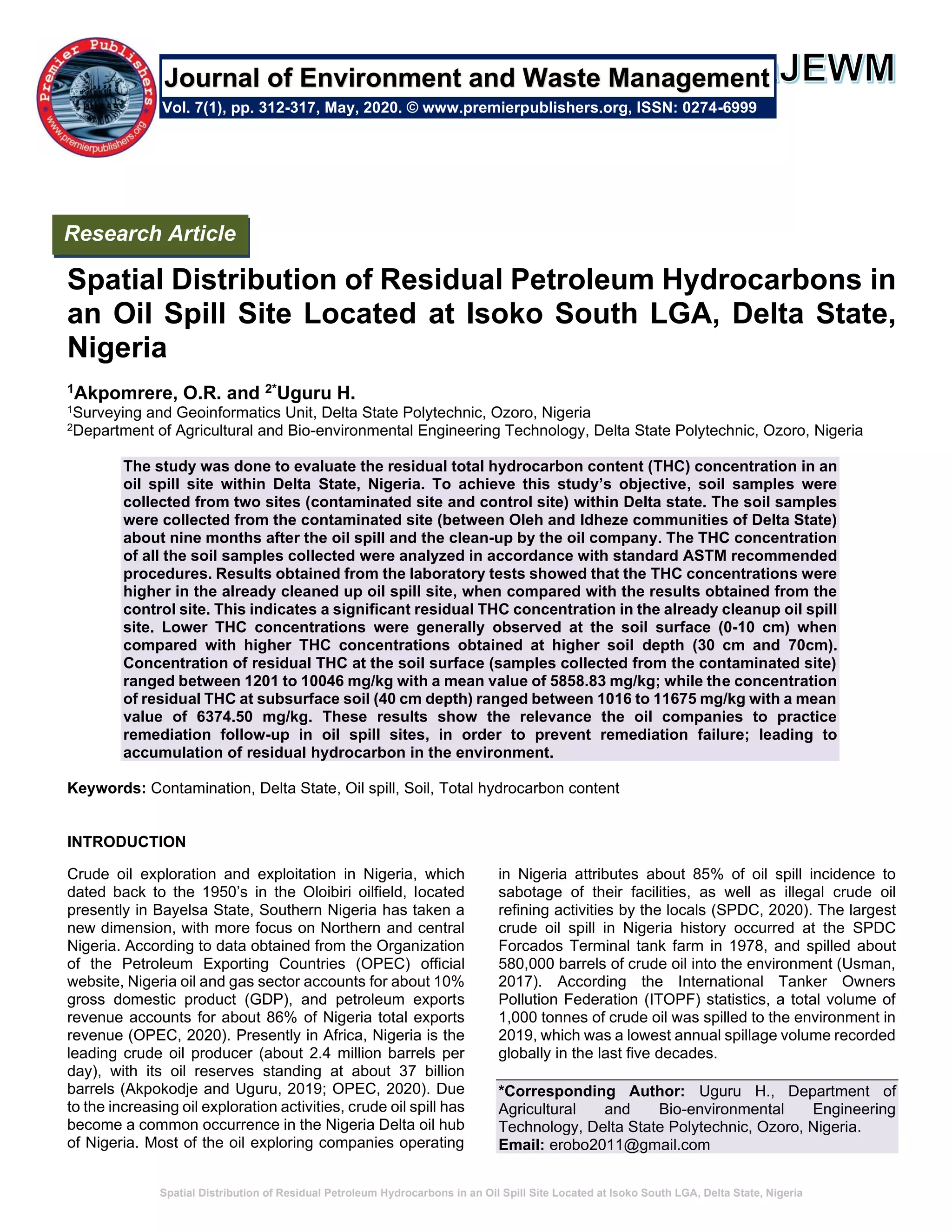 Spatial Distribution of Residual Petroleum Hydrocarbons in an Oil Spill ...