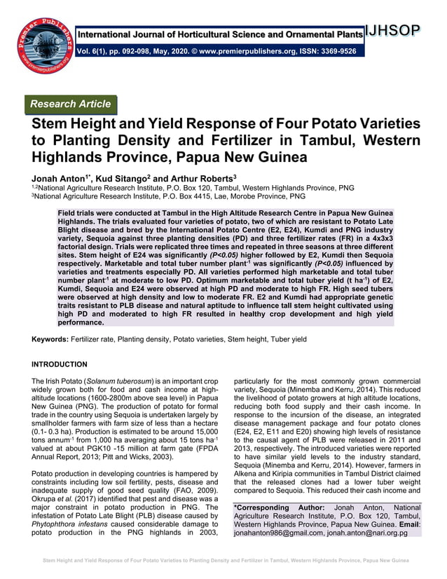 Stem Height and Yield Response of Four Potato Varieties to Planting ...