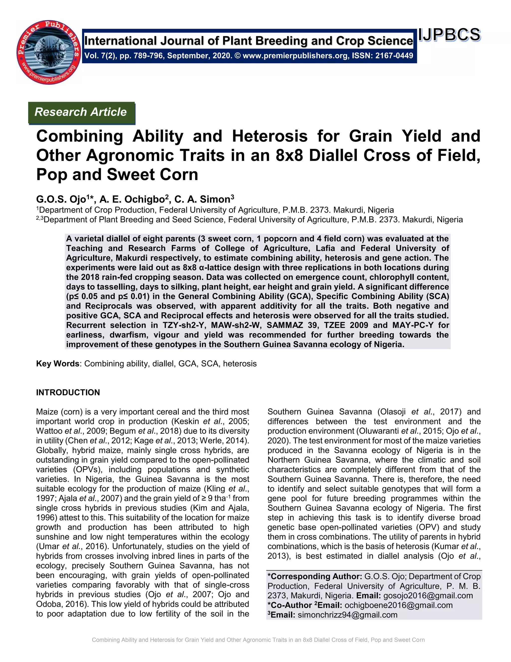 Combining Ability and Heterosis for Grain Yield and Other Agronomic Traits in an 8x8 Diallel ...