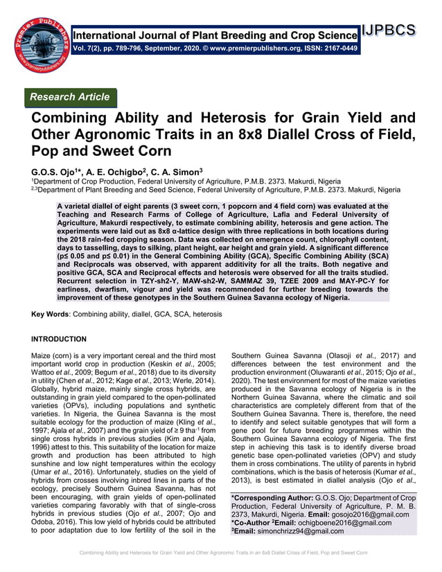Combining Ability and Heterosis for Grain Yield and Other Agronomic Traits in an 8x8 Diallel ...