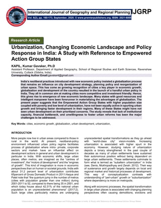 Urbanization, Changing Economic Landscape and Policy Response in India ...