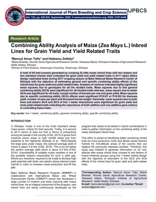 Combining Ability Analysis of Maize (Zea Mays L.) Inbred Lines for Grain Yield and Yield Related ...