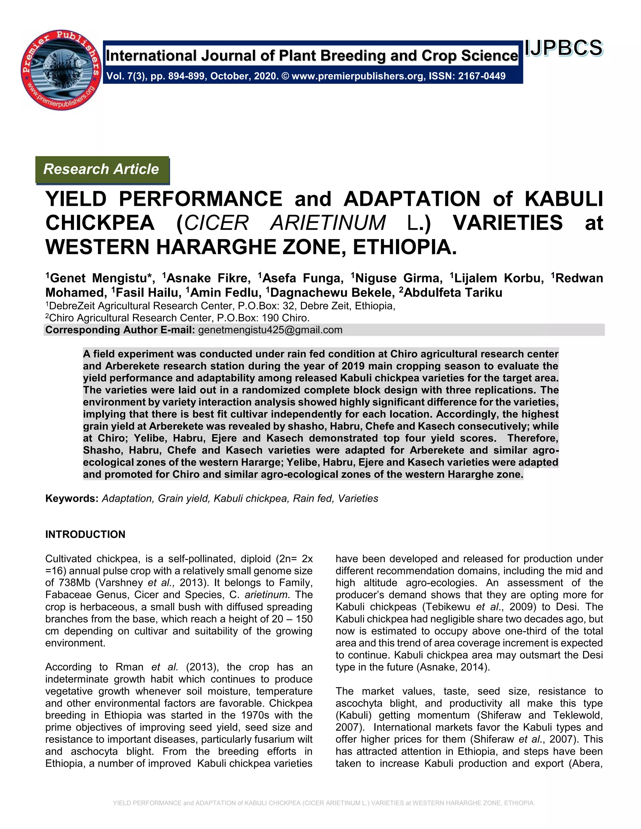 YIELD PERFORMANCE and ADAPTATION of KABULI CHICKPEA (CICER ARIETINUM L ...