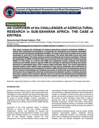 AN OVERVIEW of the CHALLENGES of AGRICULTURAL RESEARCH in SUB-SAHARAN AFRICA: THE CASE of ...