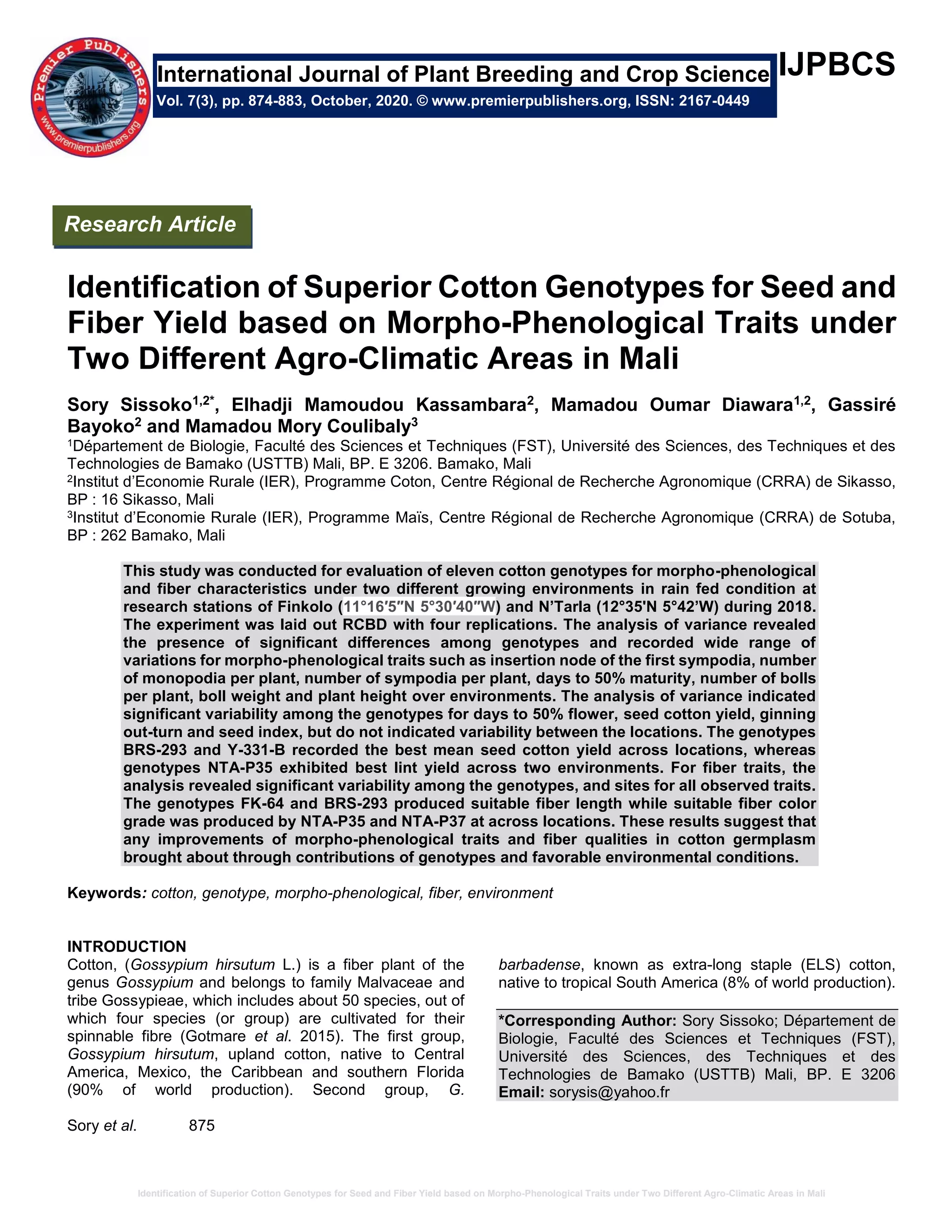 Identification of Superior Cotton Genotypes for Seed and Fiber Yield ...