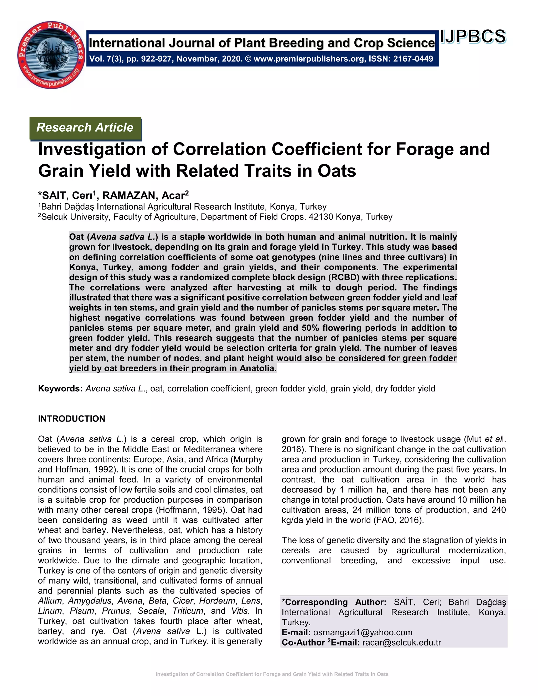 Investigation Of Correlation Coefficient For Forage And Grain Yield With Related Traits In Oats