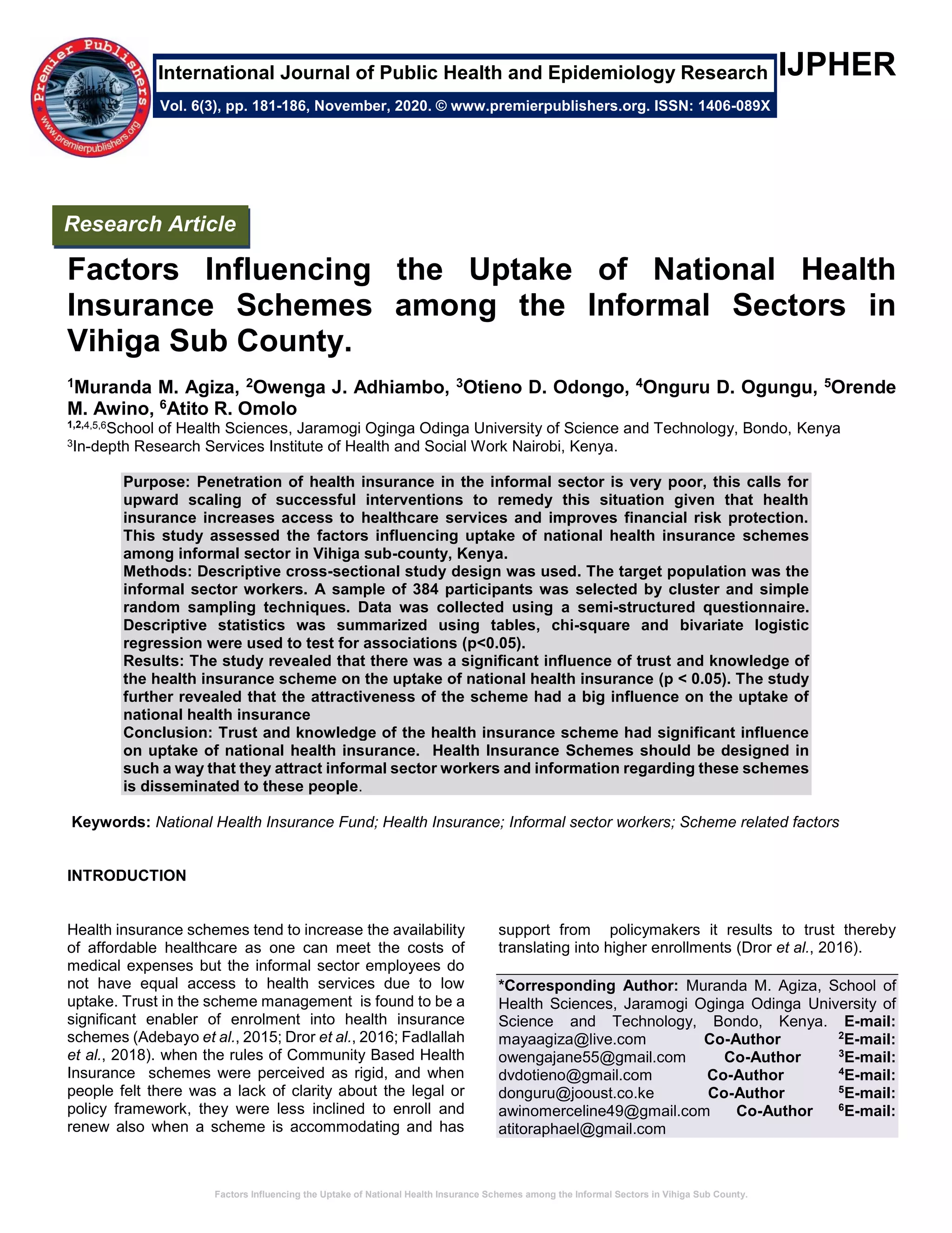 Factors Influencing the Uptake of National Health Insurance Schemes among the Informal Sectors ...